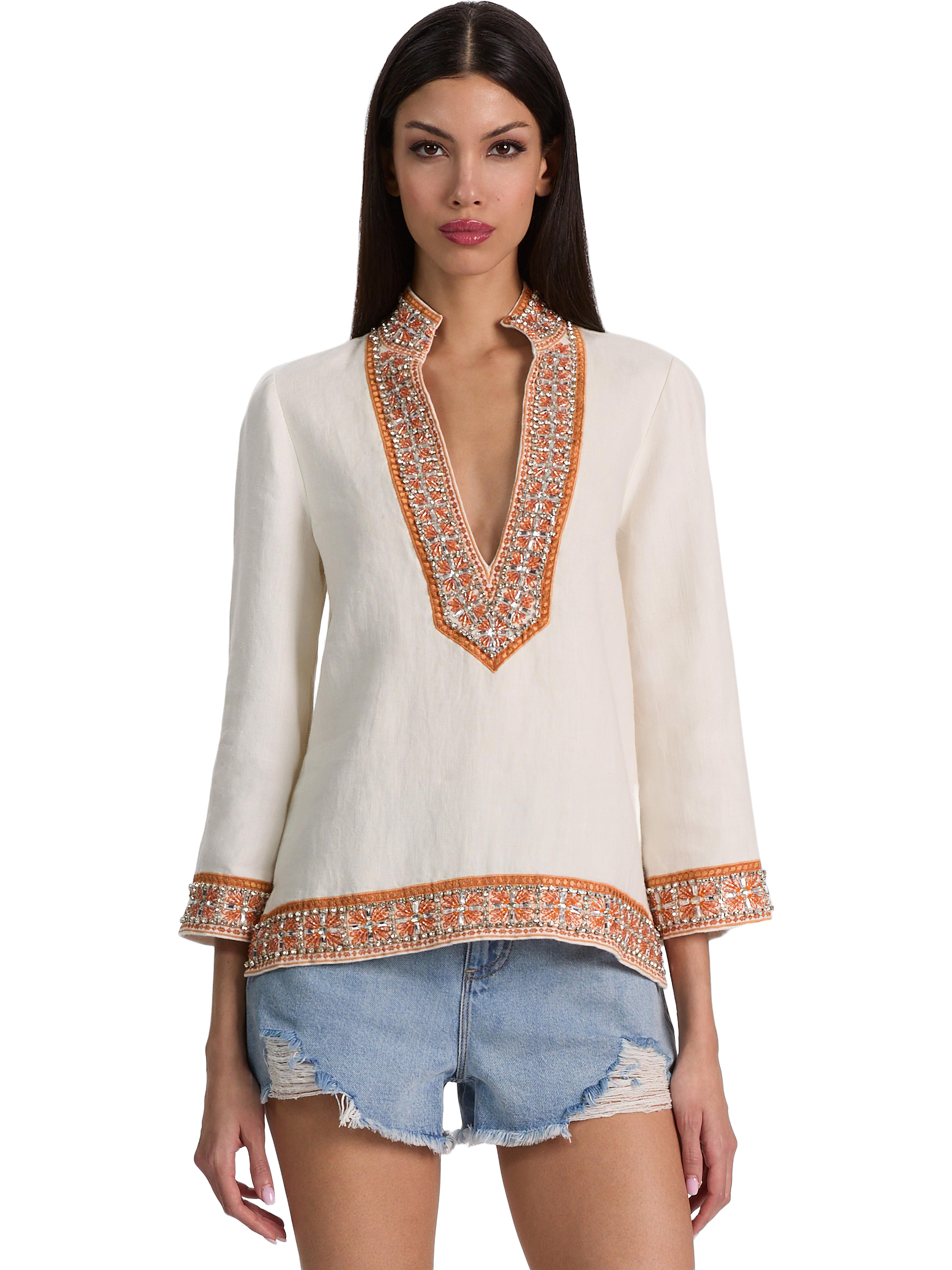 ALICE + OLIVIA Alice + Olivia Eleonora Embellished Linen Tunic Top